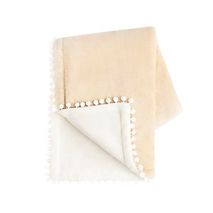 MONDAY MOOSE Cozy Fleece Throw Blanket with Pom Pom Fringe, Super Soft Lightweight Microfiber Flannel Blanket, Double-Sided Designs, for Couch Bed Sofa Home Decor (50x60 inch, Cream/Light Brown)