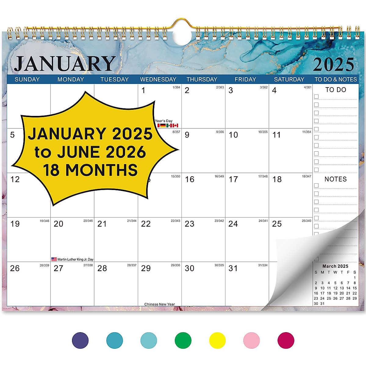 2025 Wall Calendar, 18 Monthly Wall Calendar from January 2025 - June 2026, 11.5" x 14.7", Spiral Binding Hanging Wall Calendar with Julian Date for Home or Office - Abstract Gilded