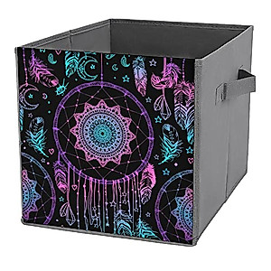 DamTma Colorful Dream Catcher Feathers Collapsible Storage Bins Ethnic Bohemian Pattern Fabric Storage Cubes with Handles Basket Storage Organizer for Shelves Closet Bedroom Living Room 10.6 in