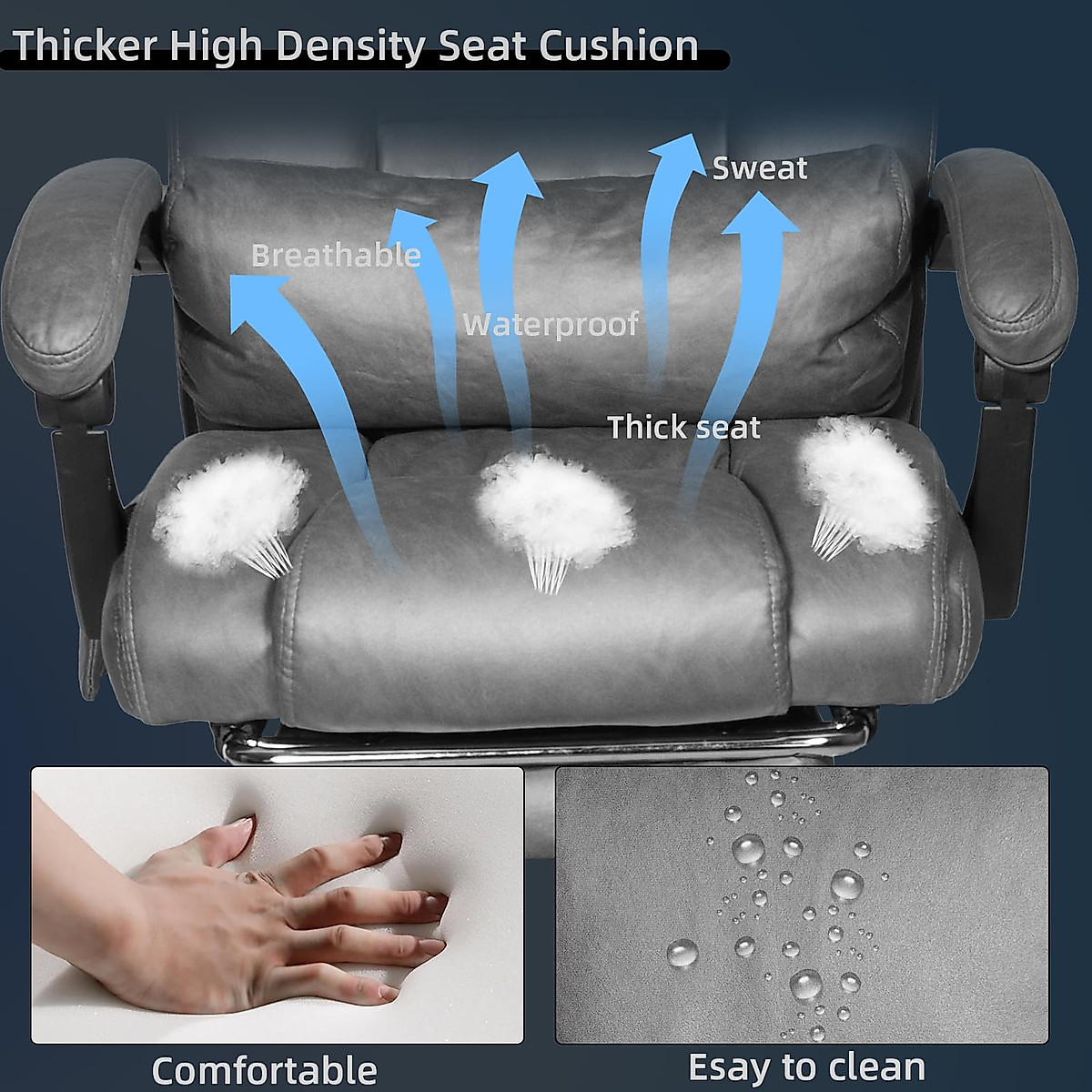 Toszn High Back Executive Office Chair, Reclining Office Chair with Footrest, PU Home Office Desk Chair Adjustable Height, Computer Desk Chair with Lumbar Cushion, Grey