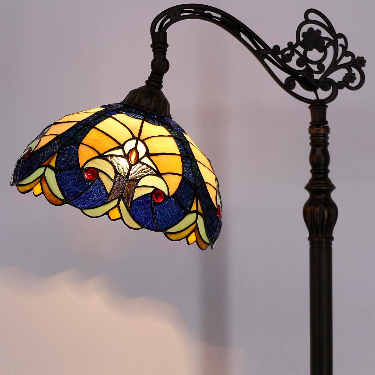 WERFACTORY Tiffany Floor Lamp Amber Yellow Liaison Stained Glass Arched Lamp 12X18X64 Inch Gooseneck Adjustable Corner Standing Reading Light Decor Bedroom Living Room S160E Series