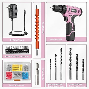 FADAKWALT Cordless Drill Set,12V Power Drill Set with Battery and Charger, compact Driver/Drill Bits, 3/8'' Keyless Chuck,21+1 Torque Setting, 180 inch-lbs, with LED Electric Drill Set（pale Pink）
