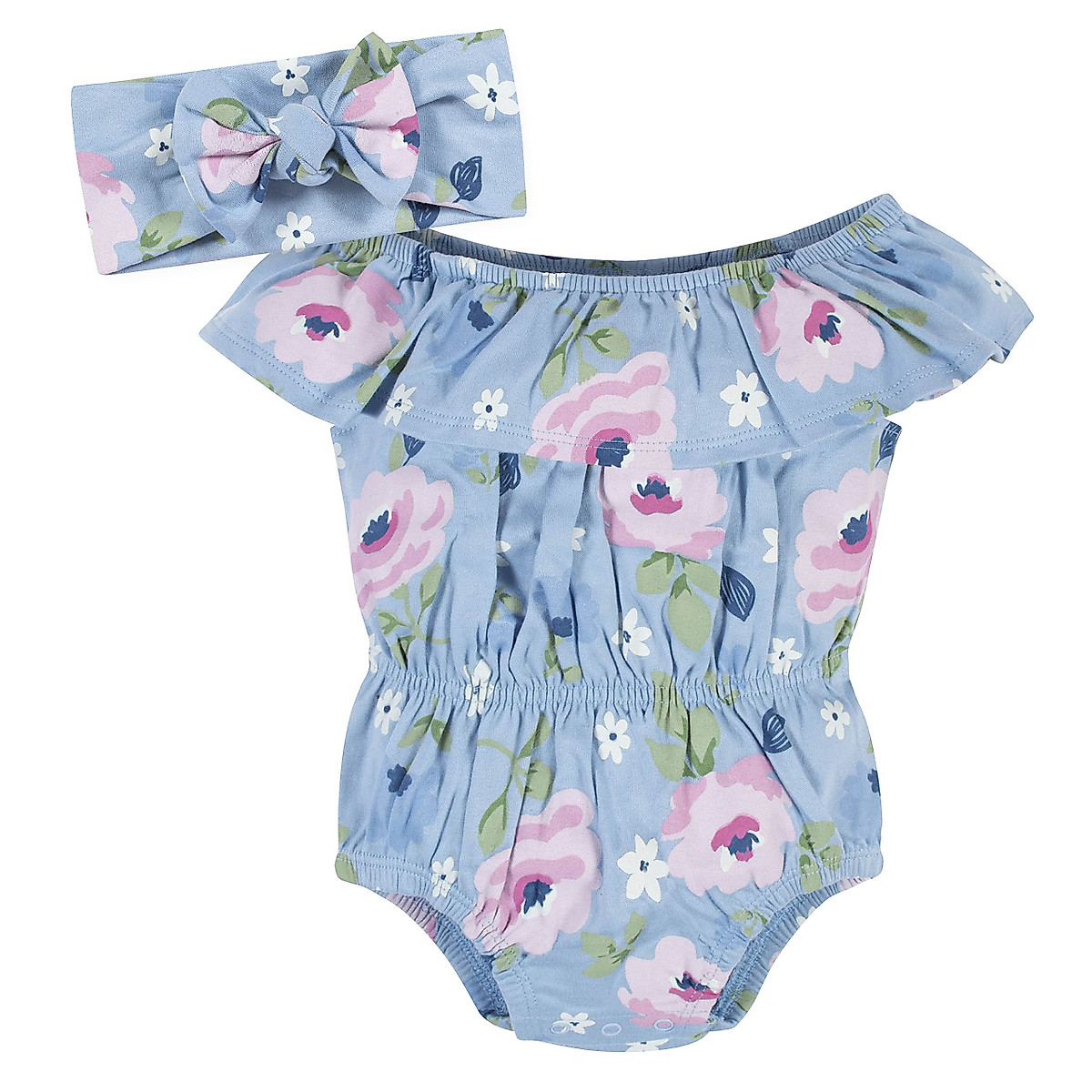 Gerber Baby Girls 2-Piece Wide Neck Romper & Headband Set, Blue Rose, 6-9 Months