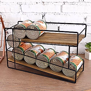 MyGift 2-Tier Rustic Burnt Wood & Black Metal Wire Pantry Canned Food Dispenser Storage Organizer Rack