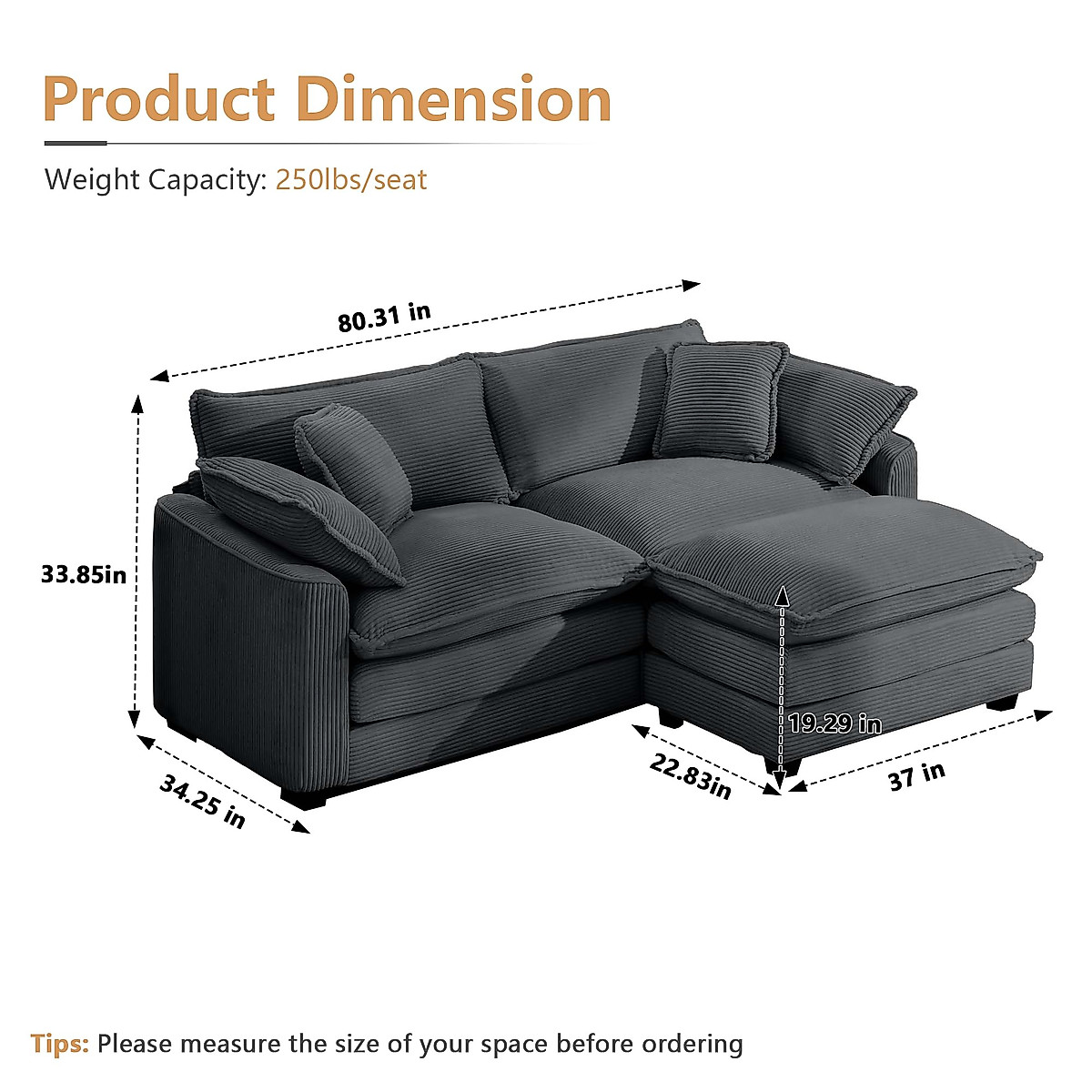 Nestglow Oversized Modular Sectional Sofa, 80'' Modern Corduroy Comfy Cloud Couches for Living Room Apartment, L-Shaped Deep Seat Loveseat Sofa with Movable Ottoman, Grey