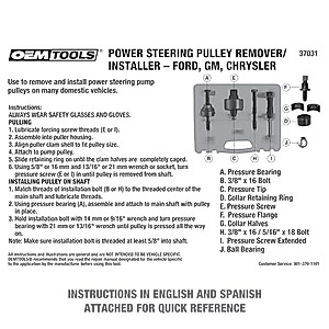 OEMTOOLS 37031 Power Steering Pulley Puller and Installer Kit, Removes and Installs Power Steering Pump Pulleys on Most Domestic Vehicles, Ford, GM, VW , green