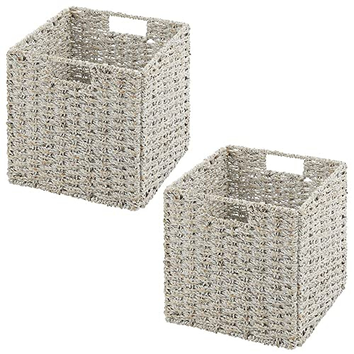 mDesign Seagrass Woven Cube Storage Bin Basket Organizer with Handles for Kitchen Pantry, Cabinet, Cupboard - Shelf and Cubby Organization, Holds Food, Drinks, Snacks, Appliances - 2 Pack - White Wash