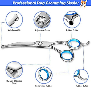 Dog Grooming Scissors Kit with Safety Round Tips, 4CR Stainless Steel Professional 6 in 1 Grooming Scissors for Dogs, Heavy Duty Titanium Coated Sharp & Durable Dog Thinning Shears For Pets, Blue