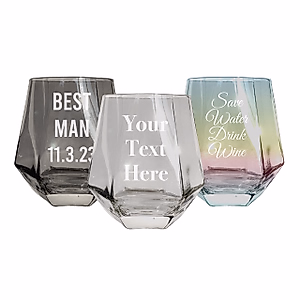 Customizable 11.5 Oz Etched Stemless Diamond Shaped Stemless Wine Glass Engraved Personalized with Message, Iridescent Modern Rainbow Geometric Rocks Whiskey Glass, Craft Cocktail Glass (Single)