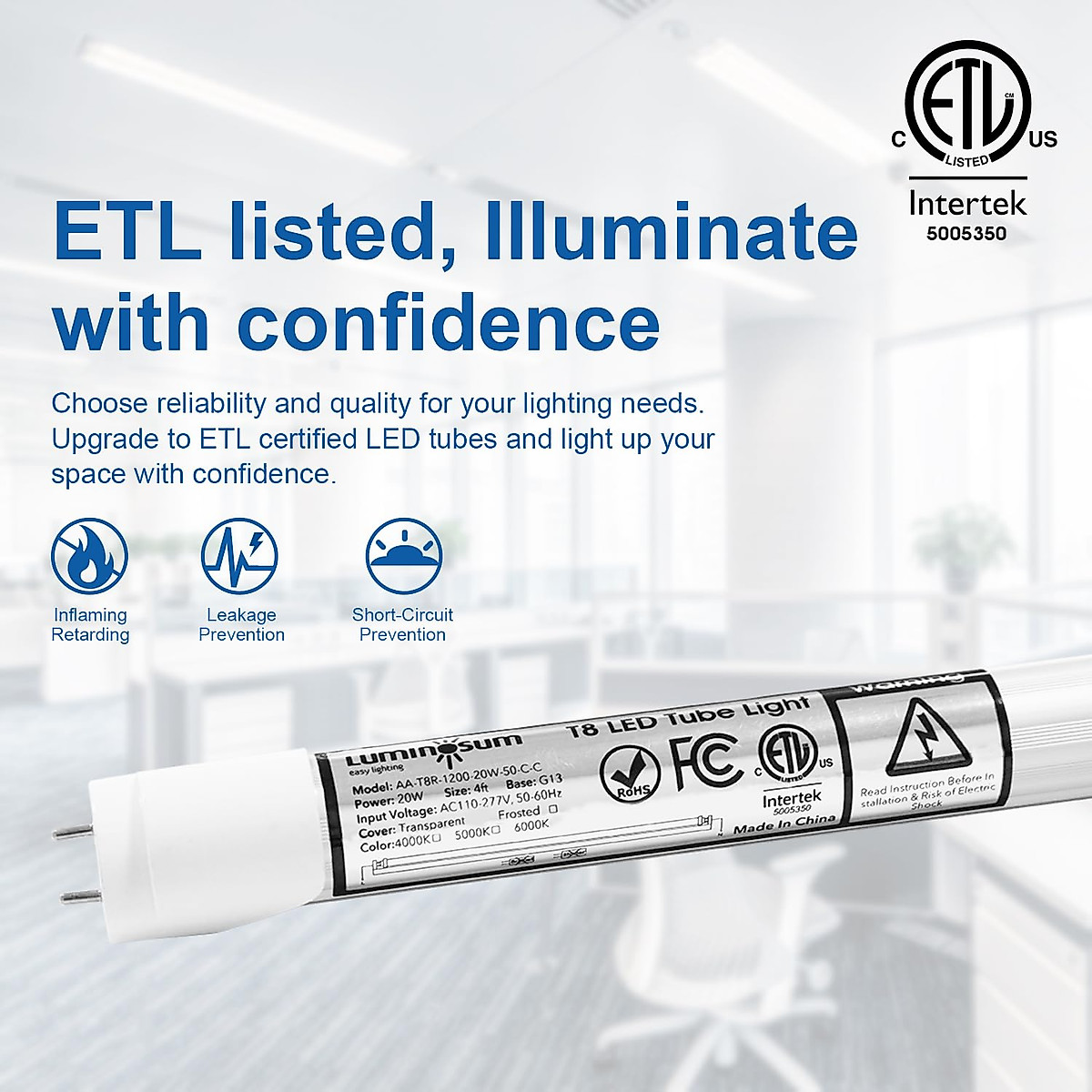 LUMINOSUM T8/T10/T12 4 Foot LED Light Tube 20W 48 inch, 40W Equivalent, Daylight 5000K, Clear Cover, Dual-end Powered, Ballast Bypass Retrofit, ETL Listed, 25-Pack