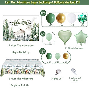 Adventure Awaits Baby Shower Decorations Let The Adventure Begin Backdrop Banner,Tablecloth,Sage Green Balloon Garland for Travel Themed Forest Mountains Woodland Animals Birthday Party Supplies Decor