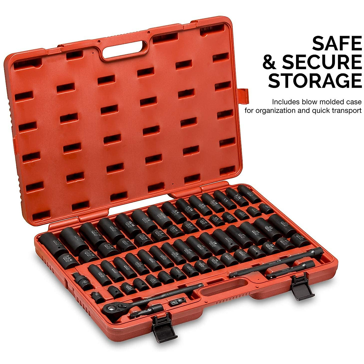 NEIKO 02448A 1/2" Drive Master Impact Socket Set, 65 Piece, Standard SAE (3/8"-1-1/4") & Metric (10-24 mm) Sizes, Deep & Shallow Kit, Includes Adapters & Ratchet Handle