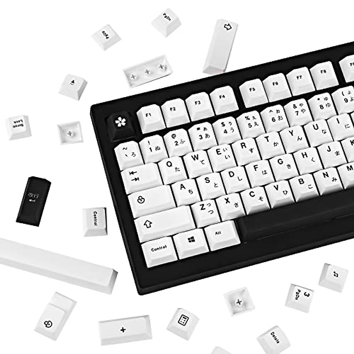 JOLINTAL 128 Keys Black and White Japanese Keycaps, PBT Material Cherry Keycaps, Thermal Sublimation Solid Color Not Easy to Wear Keycaps for Mechanical Keyboard Game Keyboard