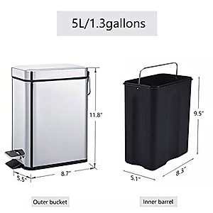 MYBA Trash Can Square Stainless Steel Kitchen Office Living Room Trash can,Foot Pedal Trash bin Removable Liner Plastic Waste bin, 5L/10L Garbage Bin (Color : White-1, Size : 5L)