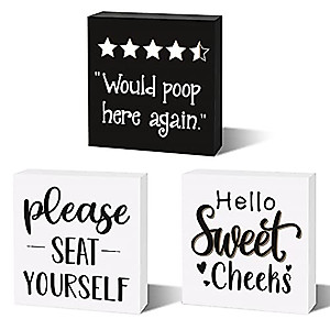Zingoetrie Funny Bathroom Signs(Set of 3), Farmhouse Bathroom Wooden Wall Decor Restroom Humor Sayings Freestanding Quarter Bathroom Mini Blocks Decorations