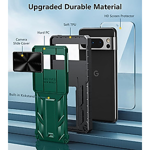 FNTCASE for Google Pixel 8-Pro Case: Military Grade Drop Proof Protective Rugged Pixel 8pro Cell Phone Cover with Kickstand & Slide | Shockproof Matte Heavy Duty Protection Tough Cases 6.7''- Green