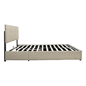 Prohon Queen Size Bed Frame with Hydraulic Storage System & Linen Headboard, Upholstered Platform Bed, Flexible Pull Release, Strong Wooden Support Bedframes for Kids, Teen & Adults, Light Beige