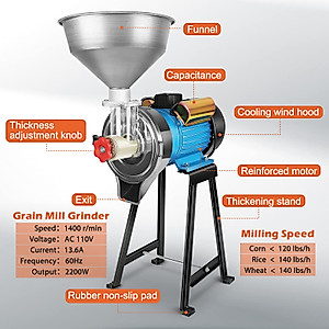 Molino De Maiz Electrico Maquina Para Moler Corn Wheat Grain Mill Grinder Electric Grinding Machine with Funnel for Flour Rice Feed Coffee Pellet in Powder 110V Electrica Para Masa (Hacer Tortillas)
