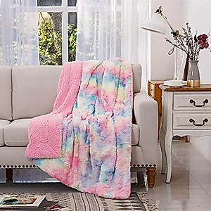 COCOPLAY W Faux Fur Throw Blanket, Super Soft Fuzzy Lightweight Luxurious Cozy Warm Fluffy Plush Sherpa Rose Pink Rainbow Microfiber Blanket for Bed Couch Living Room (Pink Rose, Throw(50"x65"))