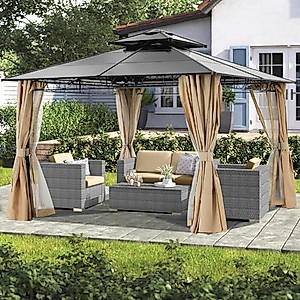 10x10 Double Roof Hardtop Patio Gazebo with Curtains and Netting by ABCCANOPY