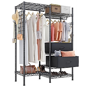 HOKEEPER Clothes Rack Heavy Duty Clothing Rack for Hanging Clothes Loads 1200LBS, Portable Closets Adjustable Garment Rack with Detachable Drawers, Side Mesh Board and Hooks 46.3"Wx16.9"Dx76.2"H Black