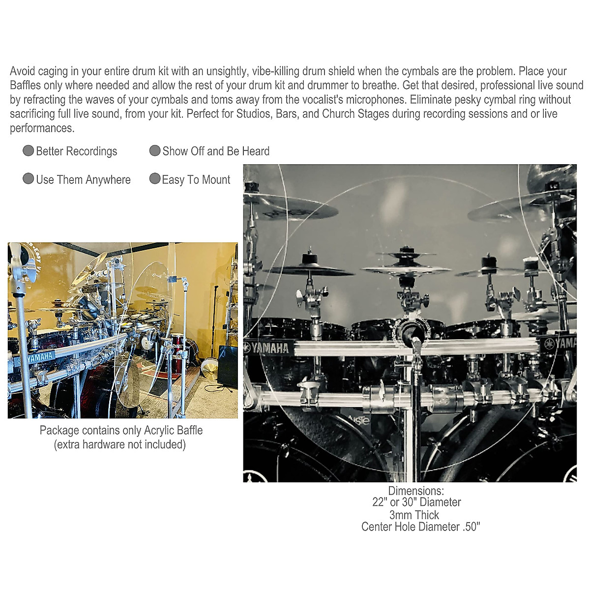 DistinctAndUnique 22 inch - 4 Pack Crystal Clear Acrylic Drum KIT Baffle - Muffles Live Recording Standard Mounting On All Cymbal Stand Performance Shields Sound Barrier