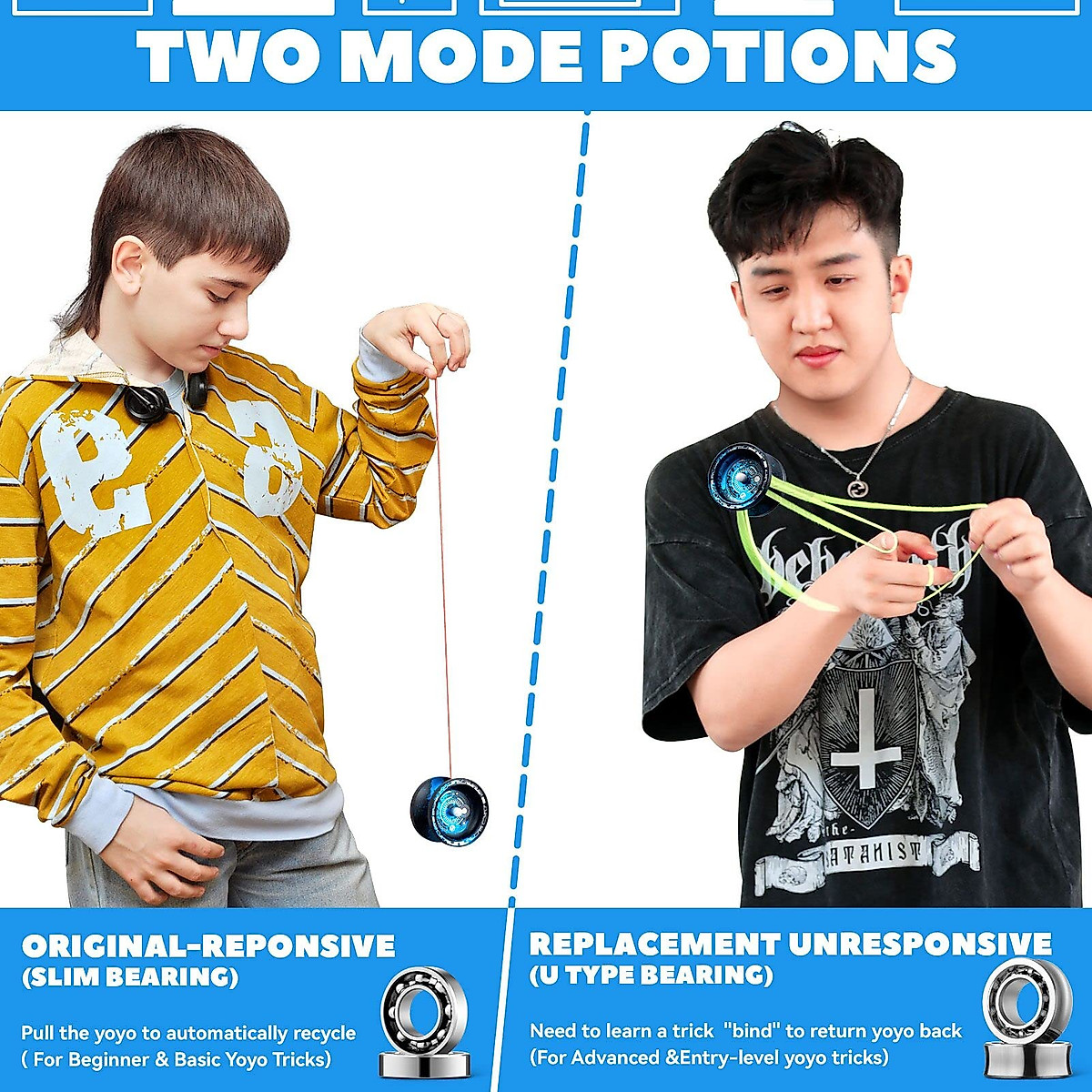 Responsive Yoyo for Kids , Aluminum Metal Beginner Yoyos with Narrow C Yoyo Bearing and Extra 5 Yoyo Strings + Yoyo Bag+ Yoyo Glove (Yoyo T7 Black&Blue)