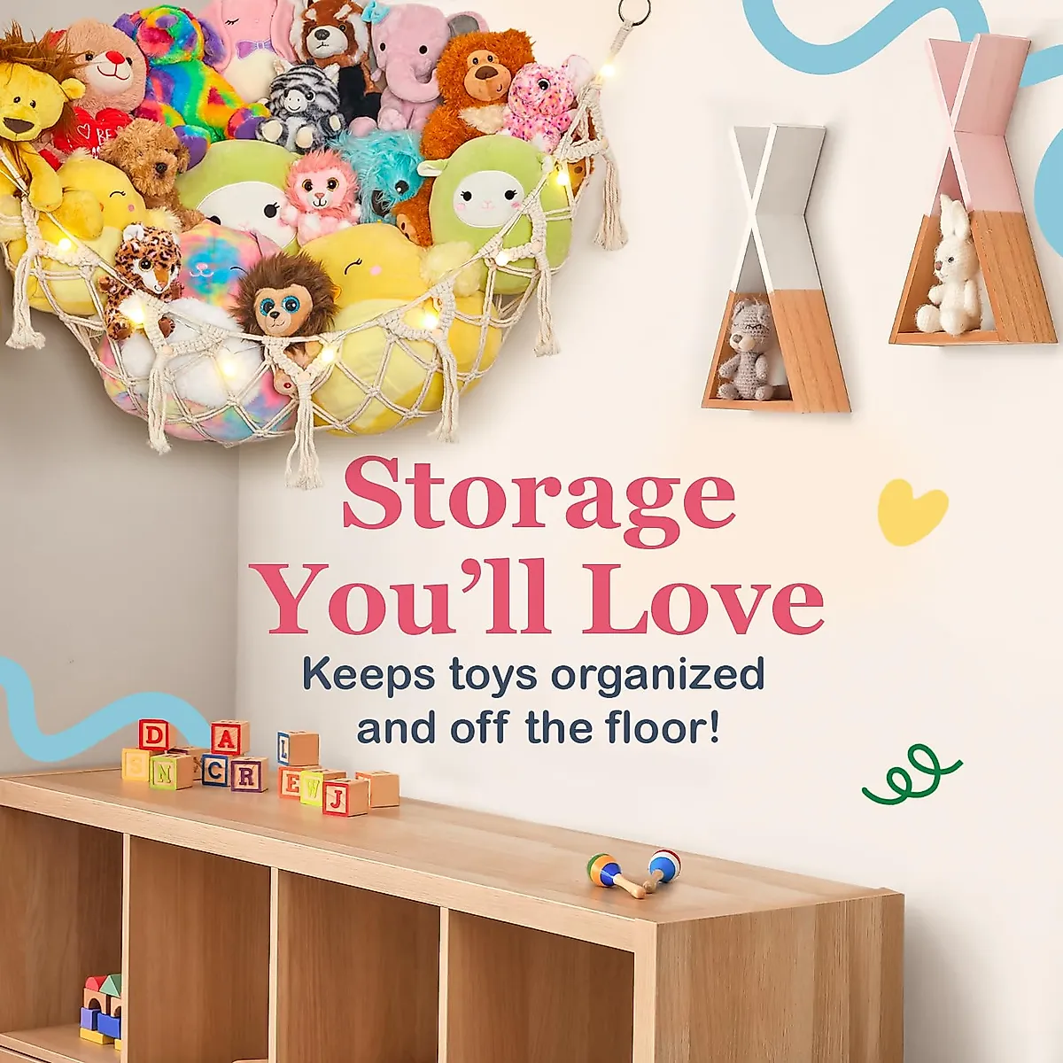 Stuffed Animal Storage Macrame Hammock w/String Lights, Large - Boho Room Decor Toy Storage - Corner Hanging Plushie Stuffed Animal Net Organizer (Mint)