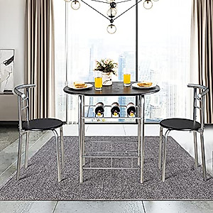Harmony-Furniture 3-Piece Dining Table Set, Kitchen Table Set with Metal Frame & Shelf Storage, Compact Dining Table and Chairs Set for Kitchen, Restaurant, Café, Bistro (Black & Sliver)