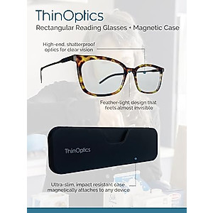 ThinOptics Unisex Adult Glasses Reading, Attachable Case / Rectangle Clear, 2.00 US