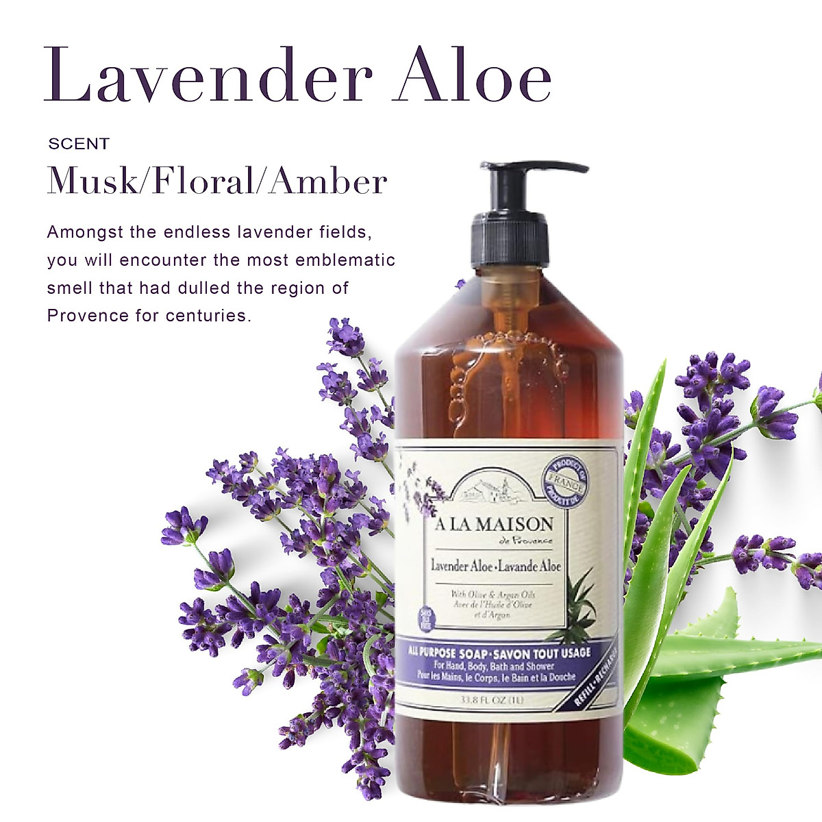 A LA MAISON French Liquid Hand Soap, Lavender Aloe - Natural Hand Wash Made with Essential Oils - Biodegradable, Plant-Based, Vegan, Cruelty-Free, Alcohol & Paraben Free (33.8 oz, 1 Pack)