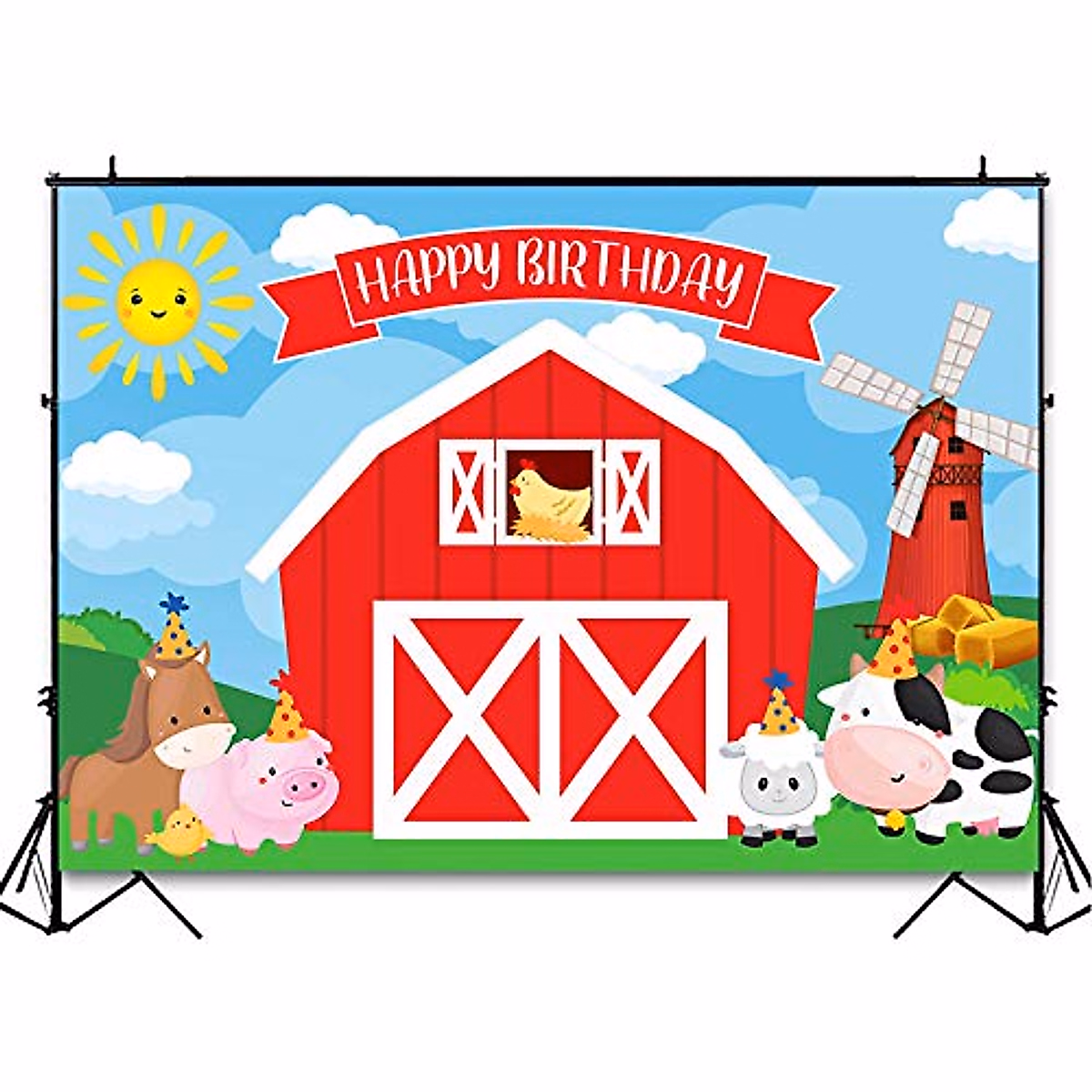 Avezano Farm Backdrop for Kids Birthday Party Decorations Red Barn Farm Animal Photography Background Cartoon Farm Animals Happy Birthday Party Banner Photoshoot Backdrops (7x5ft)