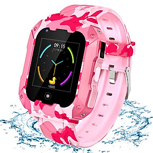 cjc Kids Smart Watches Girls for Age 3-15,GPS Tracker for Kids with Voice Chat,3 Way-Calling,Camera Smart GPS Watches with SIM Slot for Toddler New Year Gift(Pink Camouflage)
