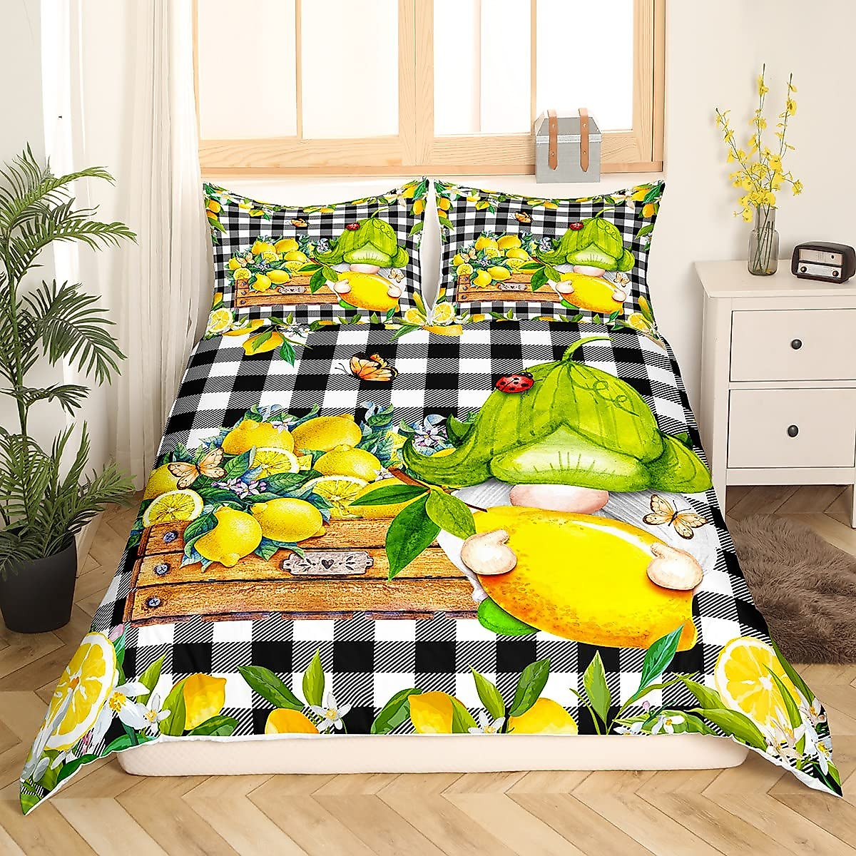 Kawaii Summer Lemon Gnomes Duvet Cover Set King Size,Black White Geometric Grid Bedding Set 3Pcs,Watercolor Summer Fruits Leaves Comforter Cover Cute Butterfly Animals Quilt Cover,Yellow Green