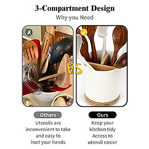 LoeJan 3 Compartment Utensil Holder, Extra Large Utensil Crock, Stable Ceramic Utensil Organizer, Cooking Tool Organizer Set for Kitchen Counter Farmhouse Decor (C-White(Grossy))