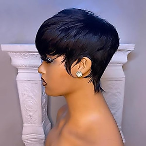 Tgezer Black Short Wavy Hair Wigs for Black Women Cut Wigs with Bangs Natural Daily Full Machine Cute Curly Pixie Fluffy Heat Resistant Synthetic Fiber Wigs (1B#)