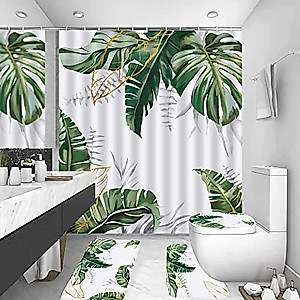 ZYLLGLOW Green Turtleback Leaf Shower Curtain Set Boho Plant Shower Curtain Set with Rugs, Abstract Bathroom Decor Accessories Bathroom Set with Shower Curtain and Rugs Leaves Curtain Set
