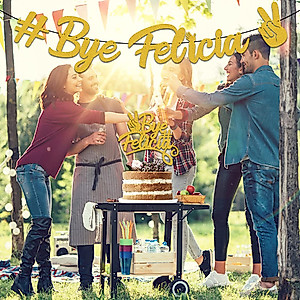 JUYRLE Bye Felicia Decorations,Bye Felicia Banner and Cake Topper,Gold Glitter Garland Party Supplies,Party Decoration Ideas for Going Away/Moving/Job Change/Relocating/Graduation/Farewell Party