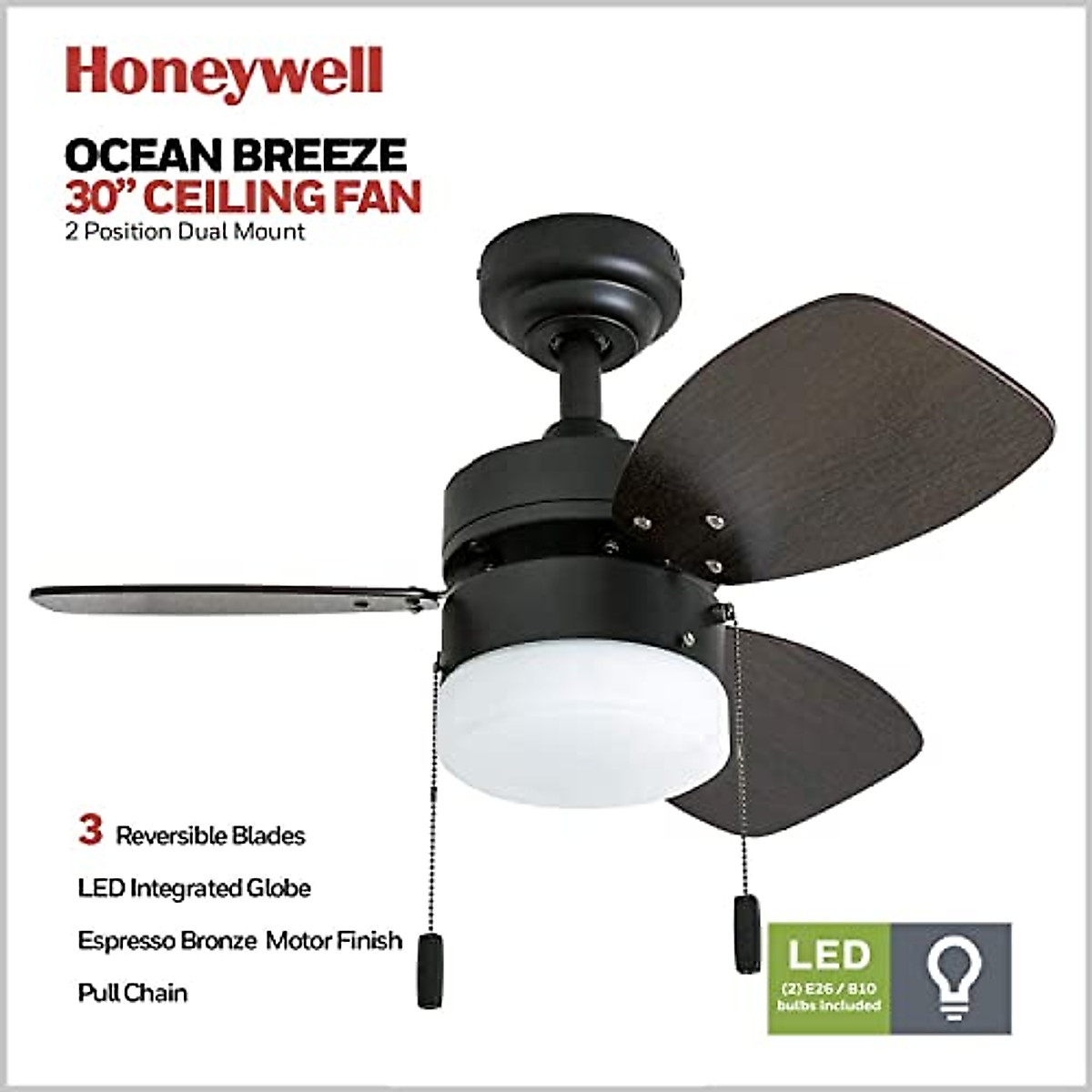 Honeywell Ceiling Fans Ocean Breeze, 30 Inch Modern Indoor LED Ceiling Fan with Light, Pull Chain, Dual Mounting Options, Dual Finish Blades, Reversible Motor - Model 50602-01 (Gilded Espresso)