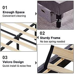 VECELO Queen Size Bed Frame Premium Upholstered Platform with Height Adjustable Headboard/Mattress Foundation Solid Wooden Slat Support, No Box Spring Needed/Easy Assembly, Dark Grey