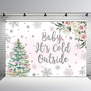 MEHOFOND Baby It's Cold Outside Backdrop Girl Baby Shower Party Decorations Silver Snowflake Winter Wonderland Photo Booth Banner Christmas Tree White Blush Pink Floral Background 7x5ft