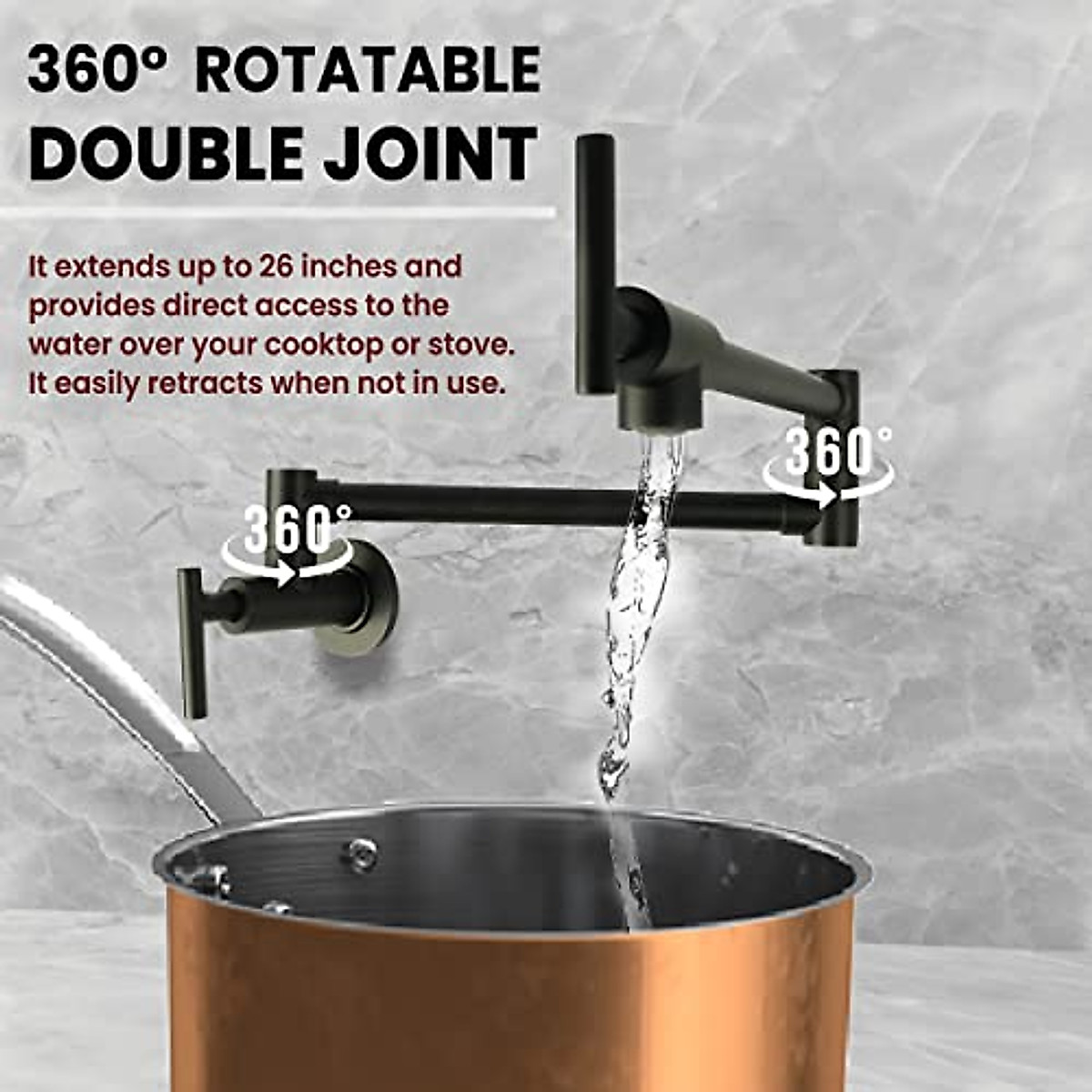 Black Pot Filler Faucet Commercial, Wall Mount Brass Faucet Kitchen Double Joint Spout Swing Arm Folding Stretchable Single Hole Two Handles for Hot or Cold Water