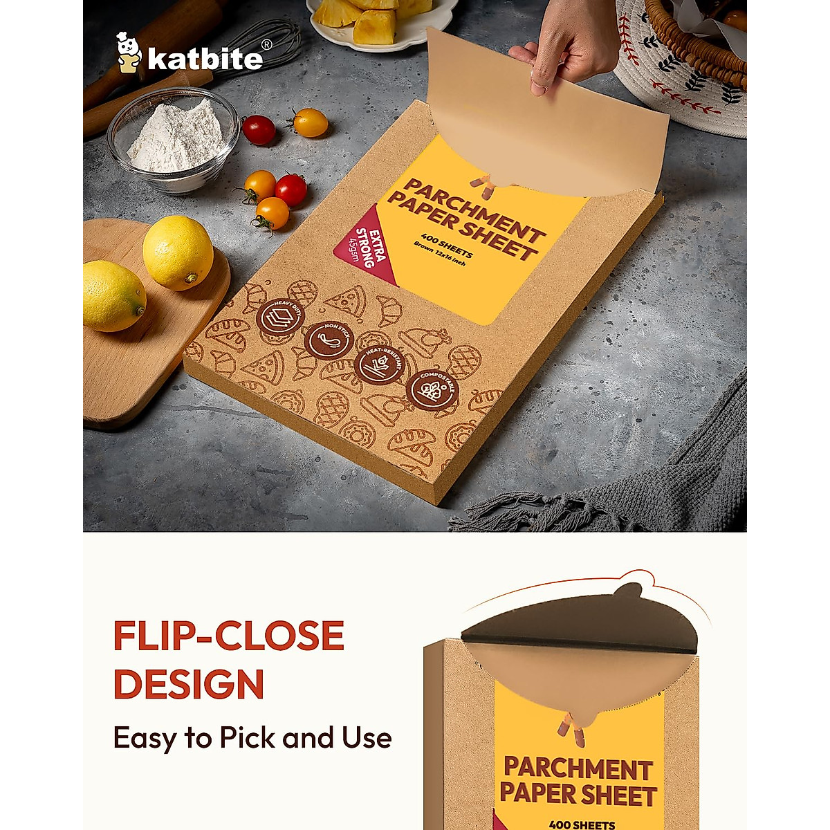 Katbite 400PCS Unbleached Parchment Paper Sheets, 12 x 16 IN Pre-Cut Baking Parchment, Heavy Duty Non-Stick Baking Paper for Half Sheet Cookie Bread Cake Pans, Grilling Meat Pizza,Oven,Air Fryer