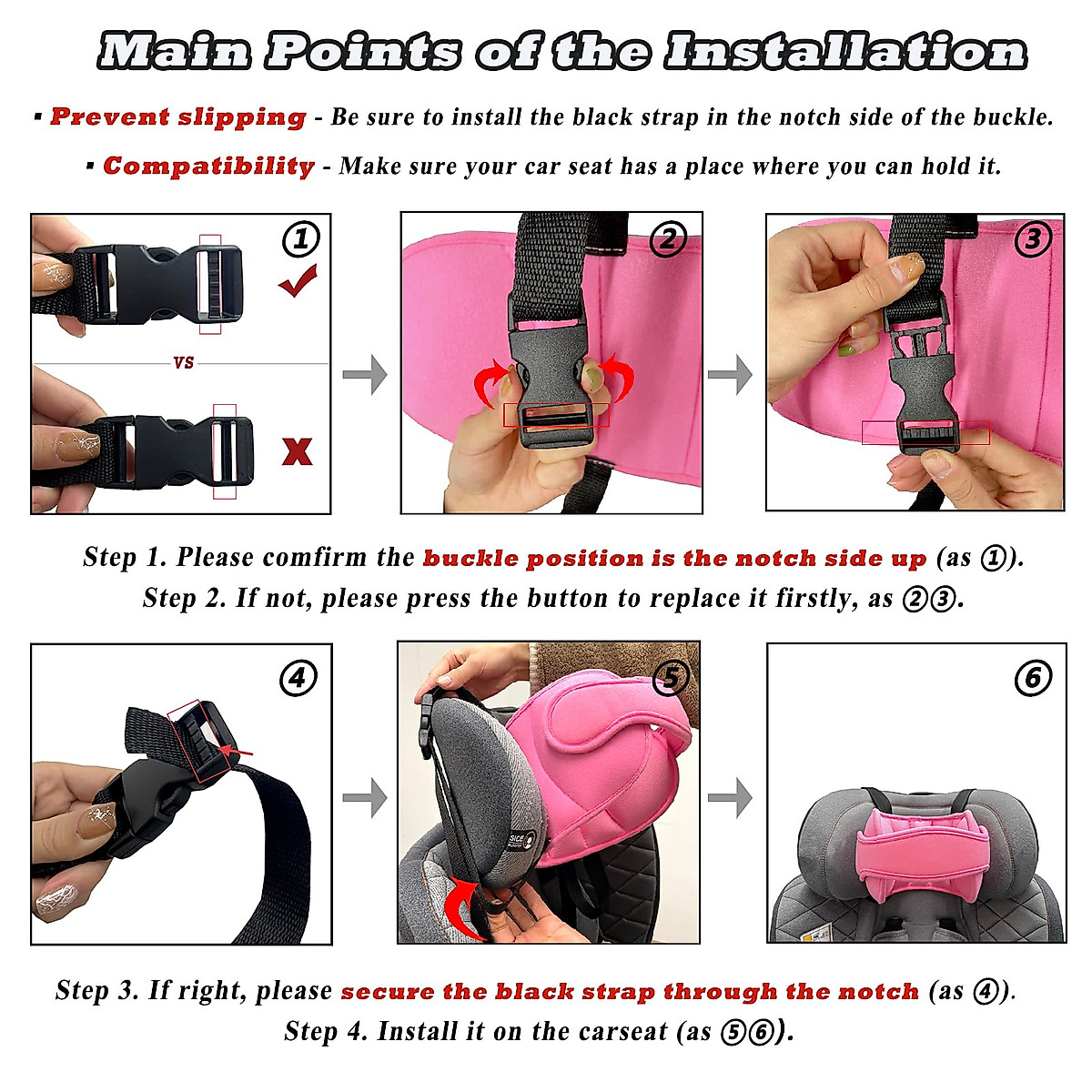 StoHua Toddler Car Seat Head Support Neck Pillow Strap - Kids and Baby Safety Neck Relief Head Support Band Sleep Strap with Adjustable Belt, Pink