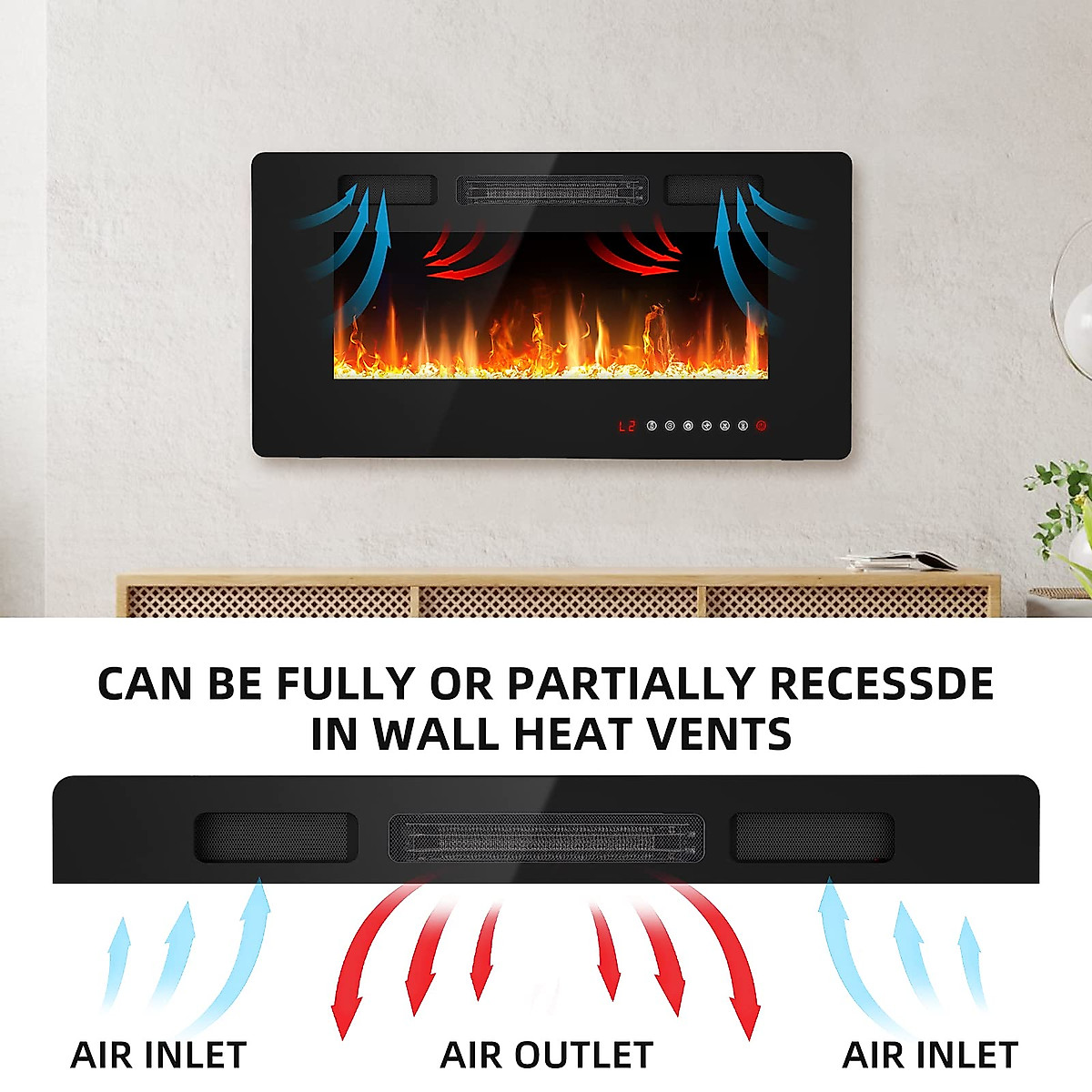 Zionheat 36 inches Electric Fireplace-Wall Fireplace for Living Room-Fireplace Heater Insert Wall Mounted with Remote Control,Timer,12 Flame Colors,750/150W