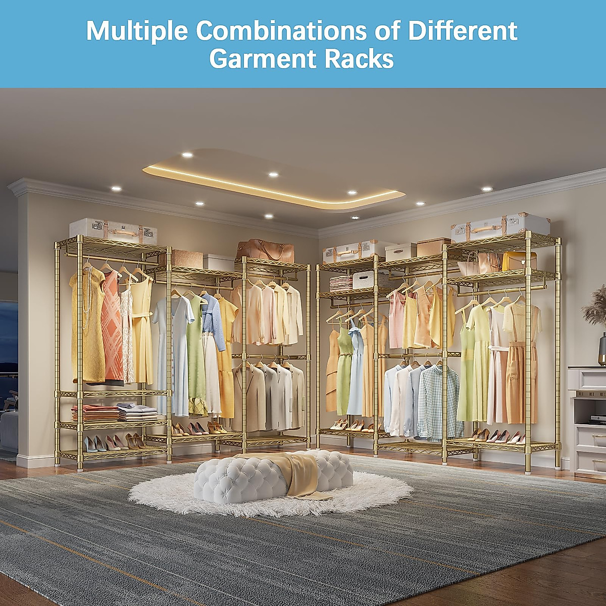 VIPEK V5i Garment Rack Heavy Duty Clothes Rack, Portable Closet Wardrobe Bedroom Armoires Freestanding Clothing Rack with 8 Adjustable Shelves & 4 Hang Rods, 68.9" L x 15.7" W x 76.4" H, Gold