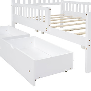 SOFTSEA Cute Twin Platform Bed Frame for Boys Girls with Guardrail and Storage Wood Bed Frame with Drawers for Storage, Wood Slats and No Box Spring Needed, White