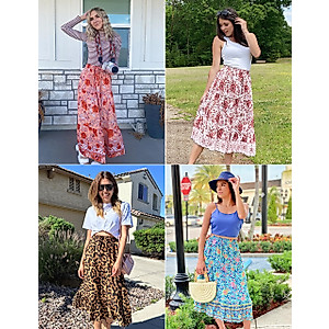 MEROKEETY Women's Boho Floral Print Elastic High Waist Pleated A Line Maxi Skirt White