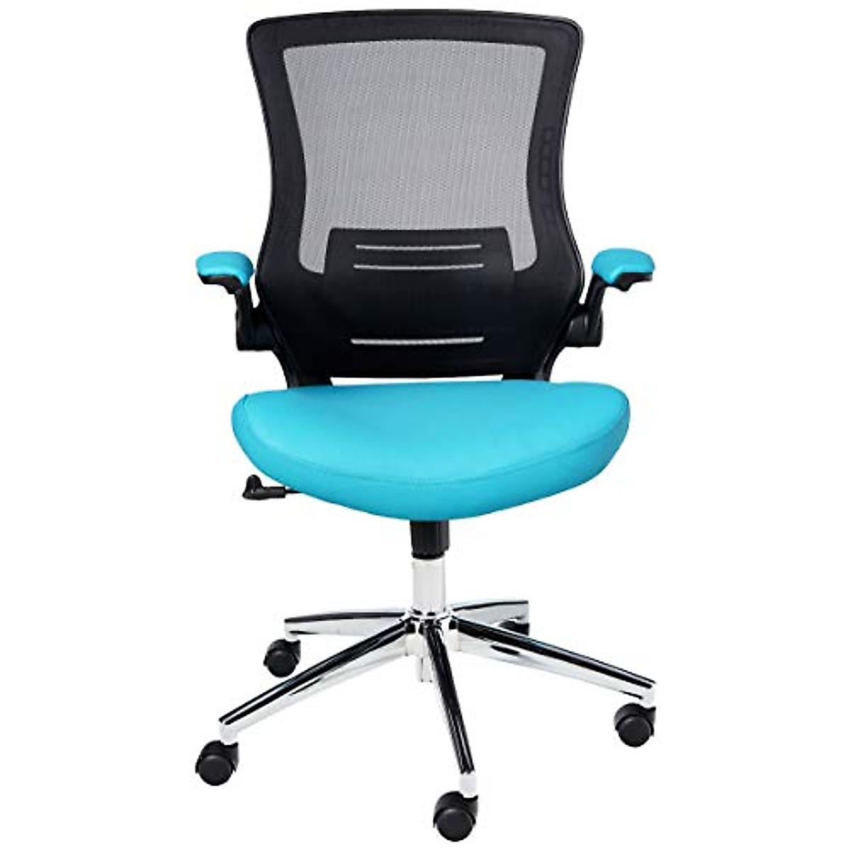 Office Star Ventilated Black Screen Back Faux Leather Manager's Office Chair with Padded Color Flip Arms with Angled Chrome Base, Blue