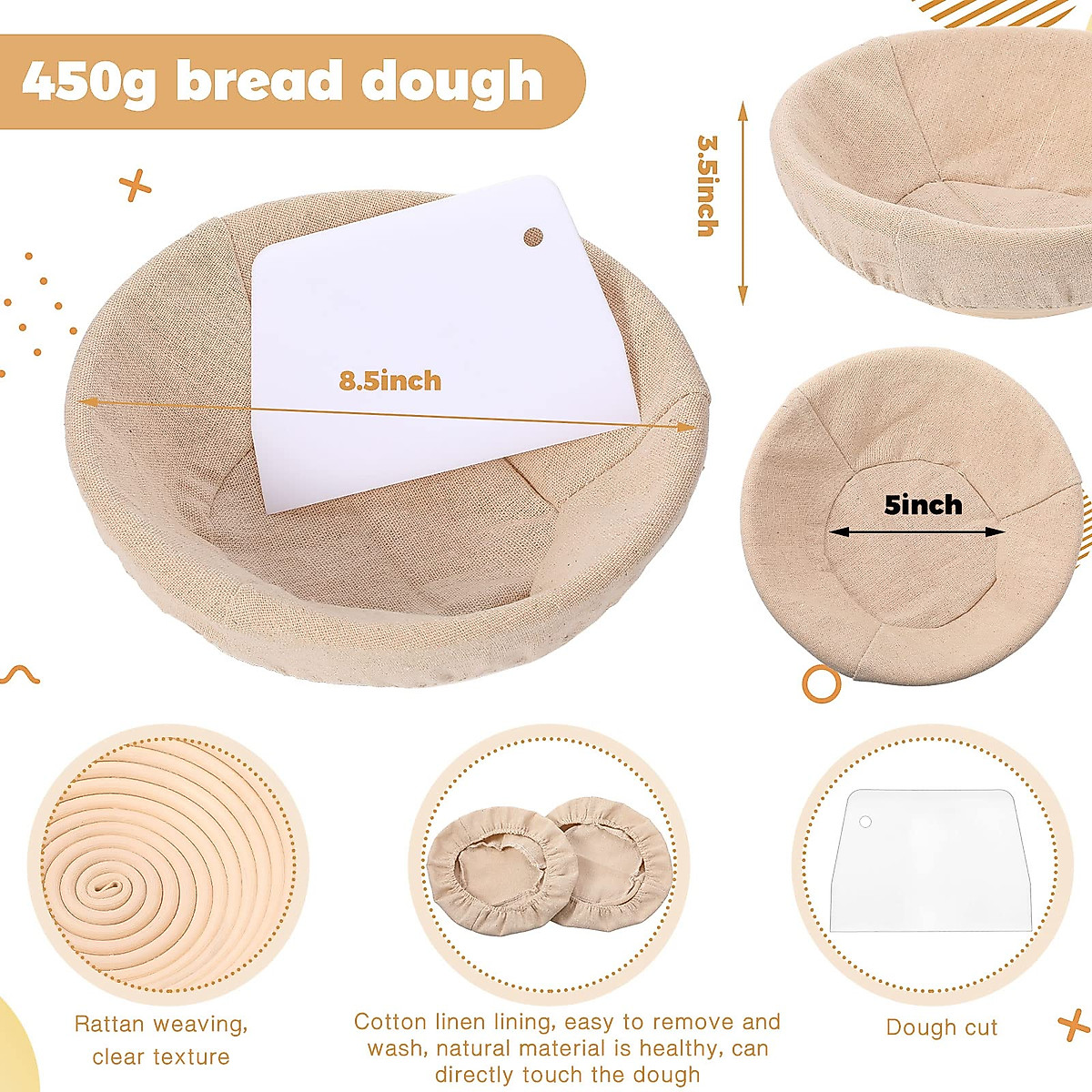 5 Pieces 8.5 Inch Banneton Bread Proofing Basket Round Sourdough Proofing Basket Banneton Basket Dough Proofing Bowl with Liners and Scatters for Home Making Bread Bakers Baking